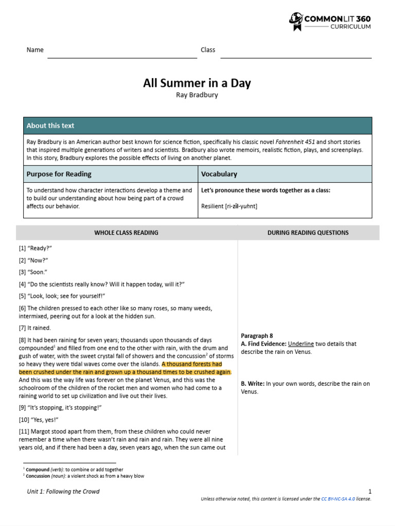 All Summer in A Day | PDF