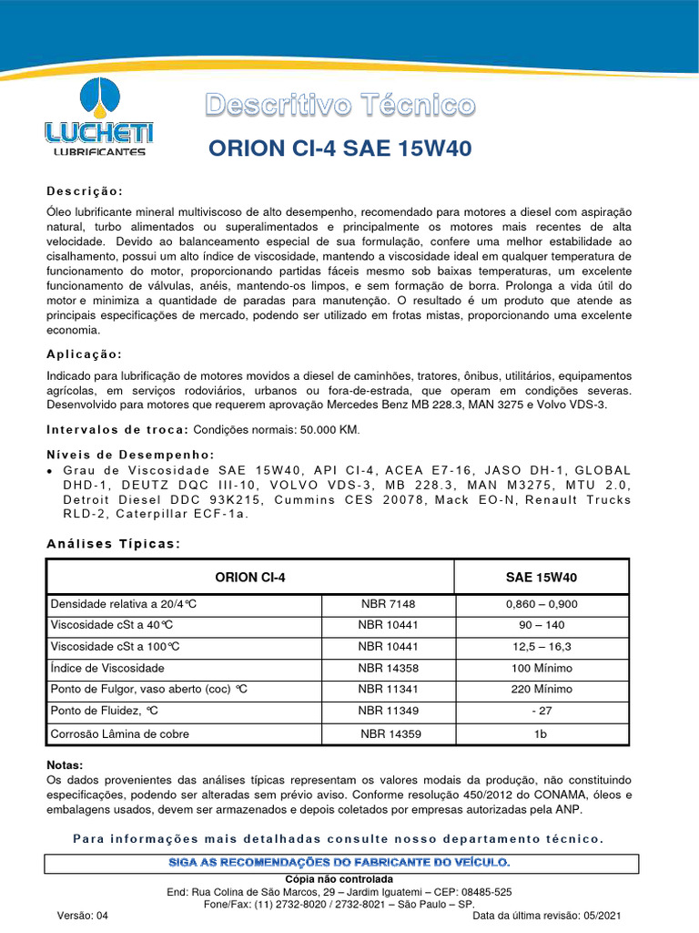 Orion Ci-4 Sae 15W40 Api Ci 4 | PDF | Motores | Óleo de motor