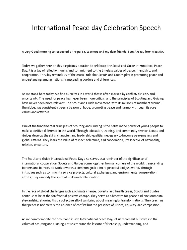 International Peace Day Celebration Speech | PDF | Peace | Scouting
