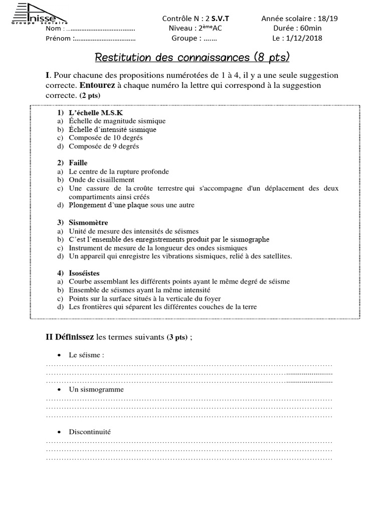 Contrôle SVT 2AC Semestre 2 | PDF | Tremblements de terre | Géophysique