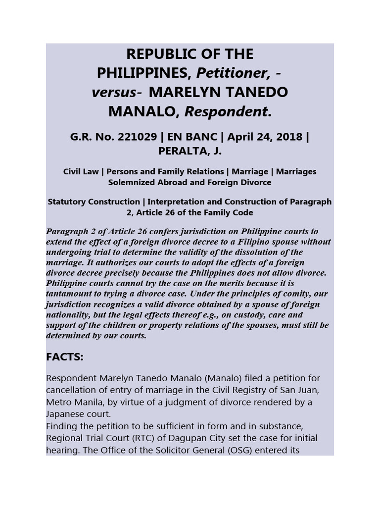 LAW 3100 - Persons & Family Relations - JD 33. G.R. No. 221029 - Republic vs. Manalo - Case ...
