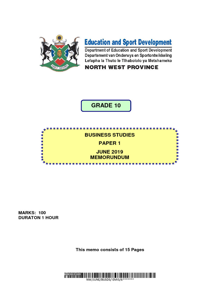 Business Studies GR 10 MEMO 1_ | PDF | Macroeconomics | Credit