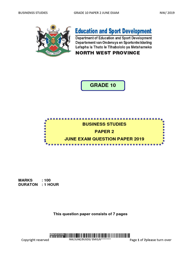 Business Studies GR 10 Paper 2 | PDF | Entrepreneurship | Ownership