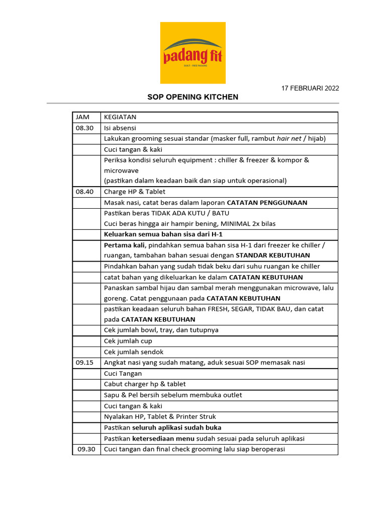 Sop Opening Kitchen Padang Fit | PDF