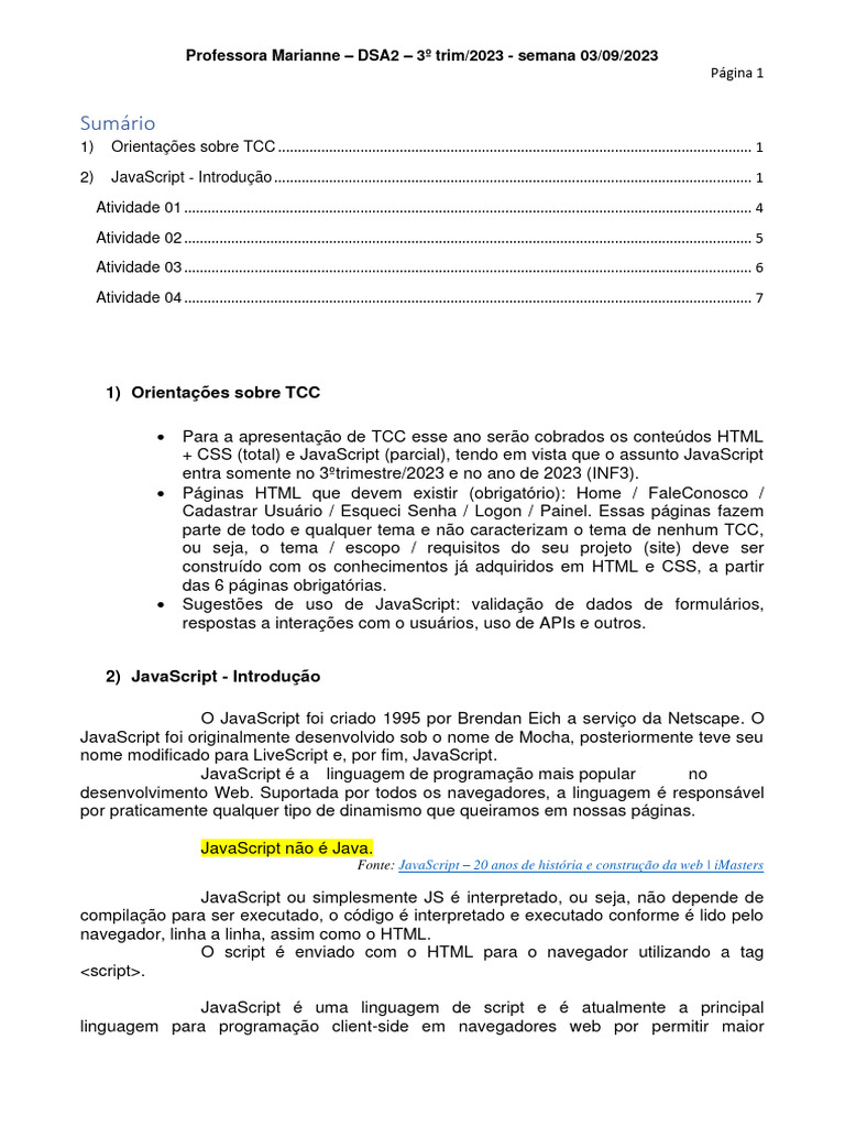DSA2 3trim Introducao JavaScript | PDF