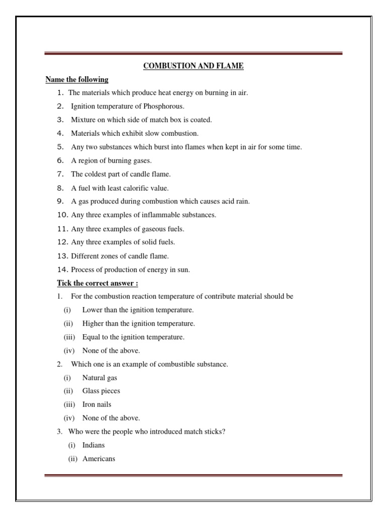 Class 8 Combustion and Flame Worksheet | PDF