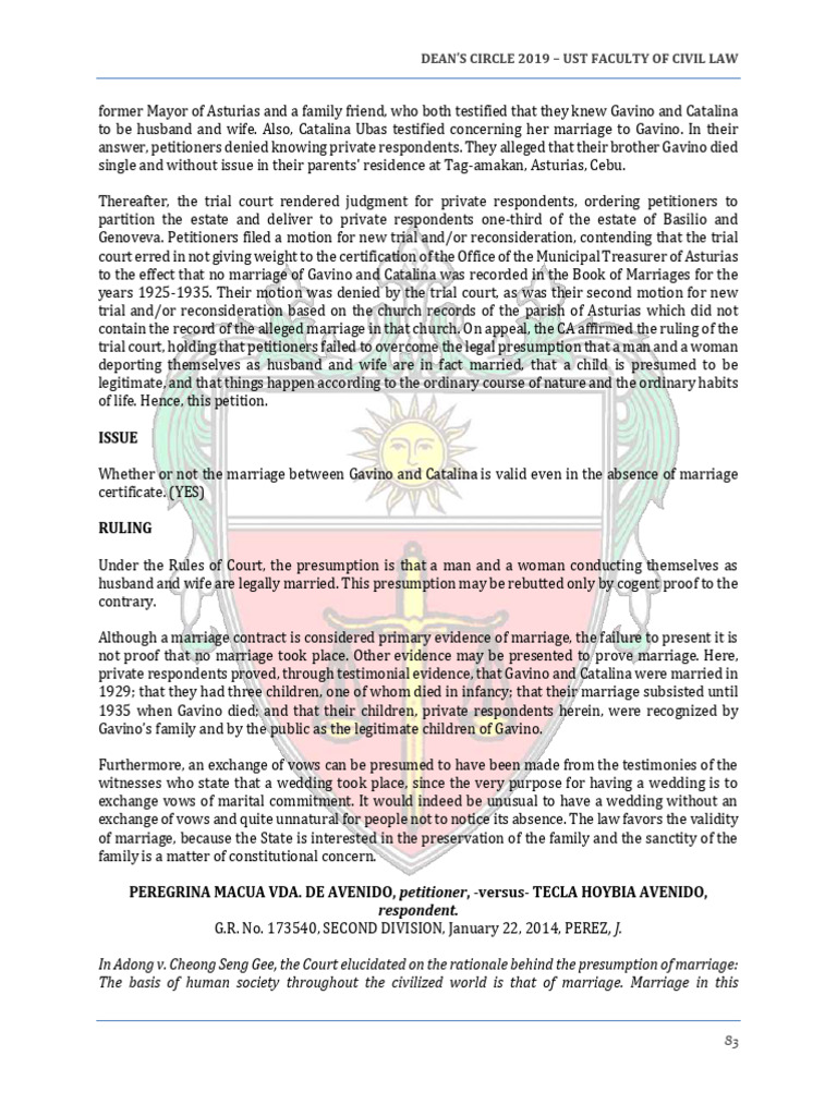 LAW 3100 - Persons & Family Relations - JD 19. G.R. No. 173540 - Vda. de Avenido vs. Avenido ...