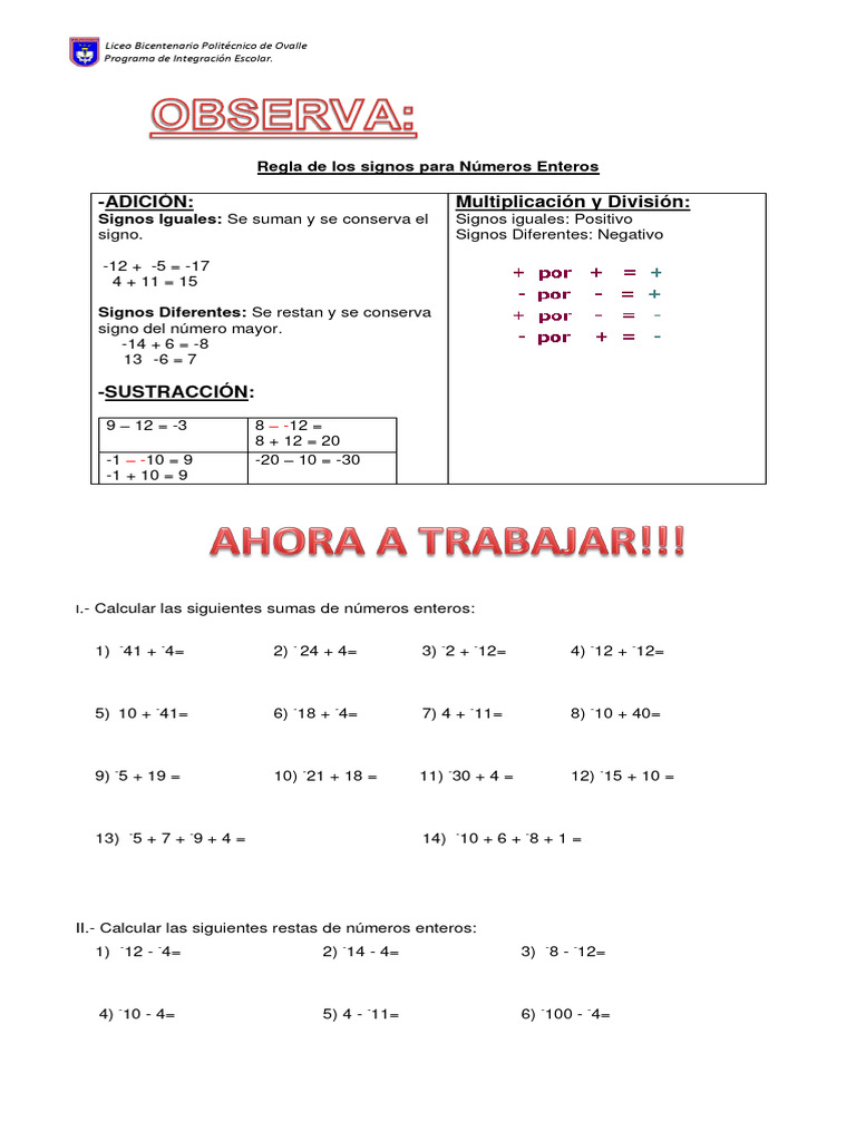 Regla de Los Signos para Números Enteros | PDF | Entero | Álgebra abstracta