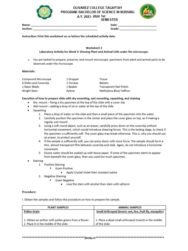 Laboratory - Viewing Animal and Plant Cell Under The Microscope | PDF ...