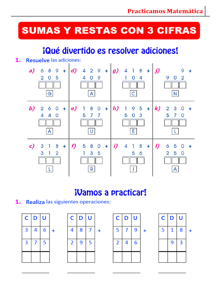 Adición y Sustracción Con 3 Cifras | PDF Adición y Sustracción Con 3 Cifras | PDF