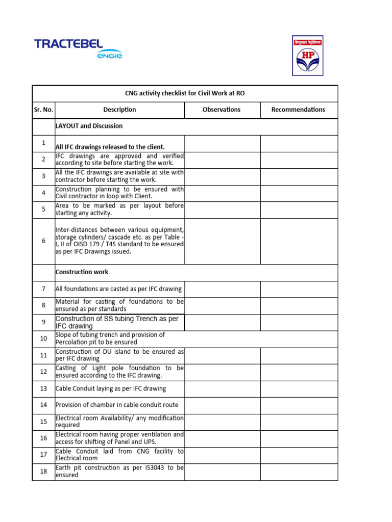CNG Civil Work Activity Checklist | PDF | Home | Gases