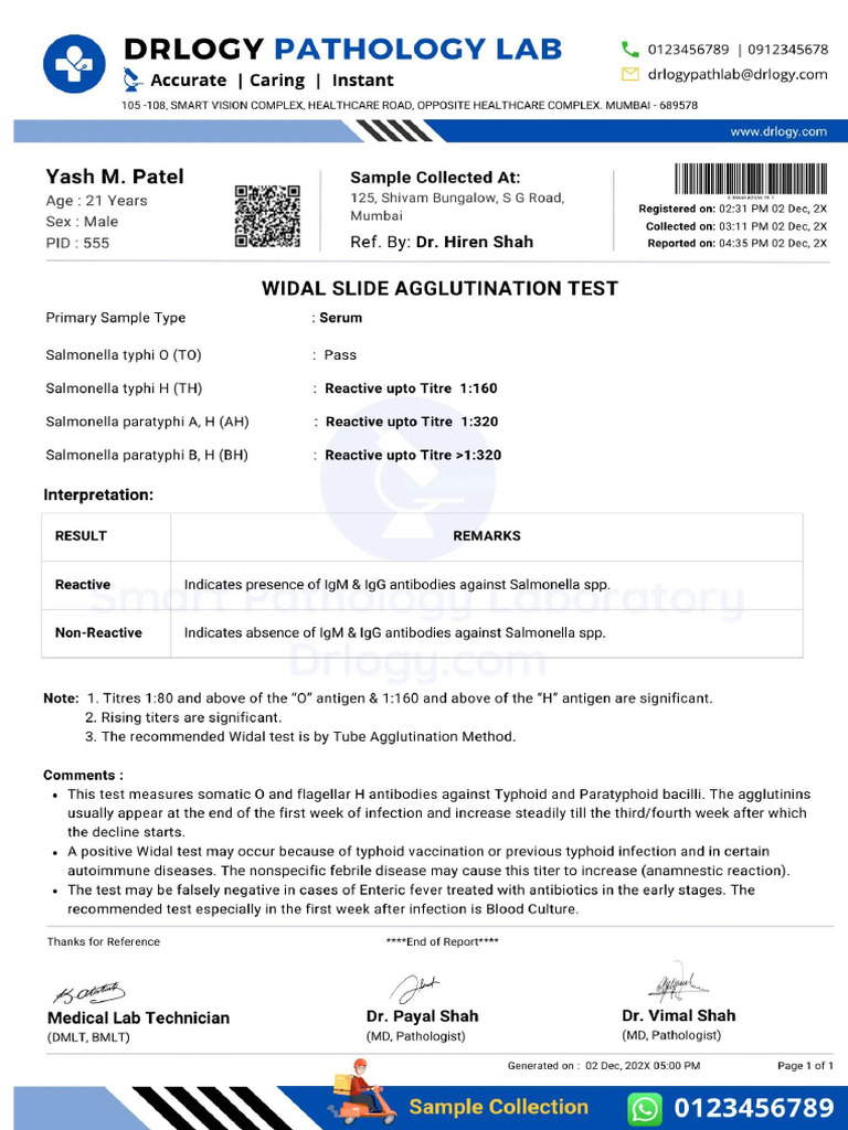 Widal Test Report Format Example Sample Template Drlogy Lab Report | PDF Widal Test Report Format Example Sample Template Drlogy Lab Report | PDF