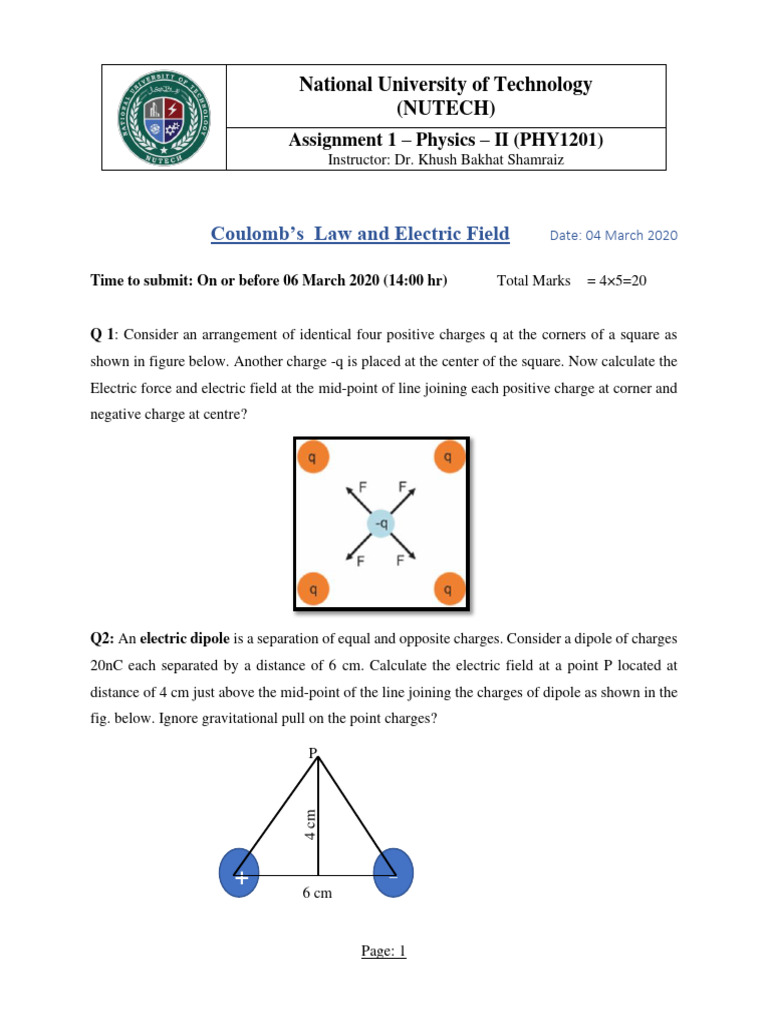 Assignment 1 Physics II (Electric Field and Force) | PDF