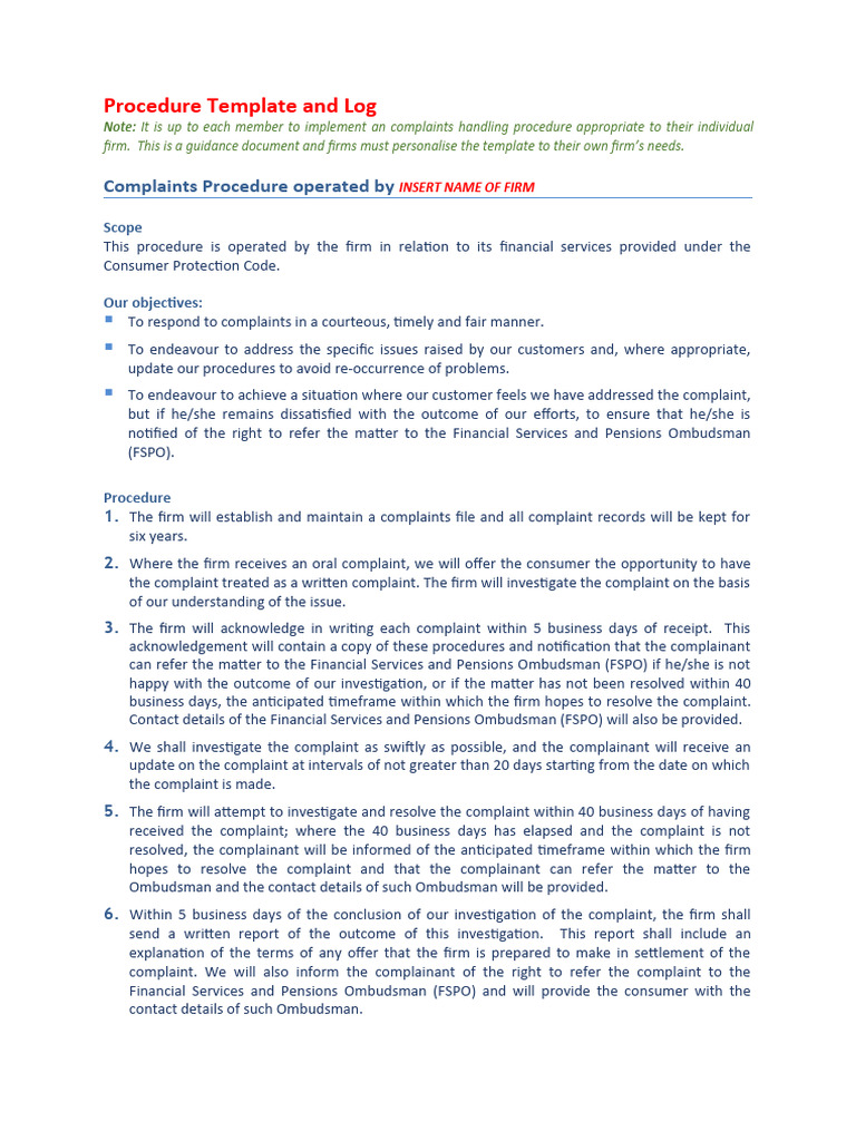 Complaints Procedure and Log Template | PDF | Complaint | Justice