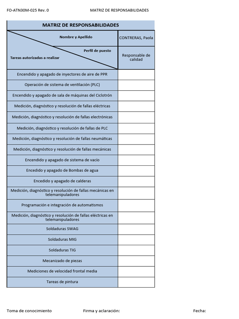 Matriz de Responsabilidades e Info Personal | PDF | Física Aplicada e ...