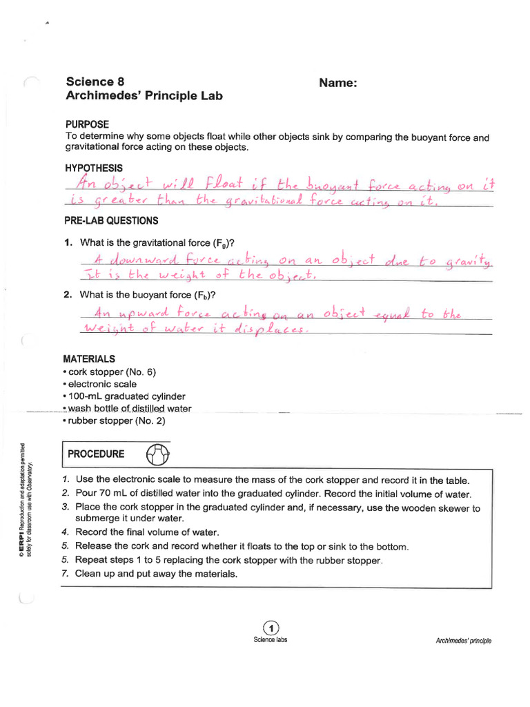 Archimedes Principle Lab Answers | PDF