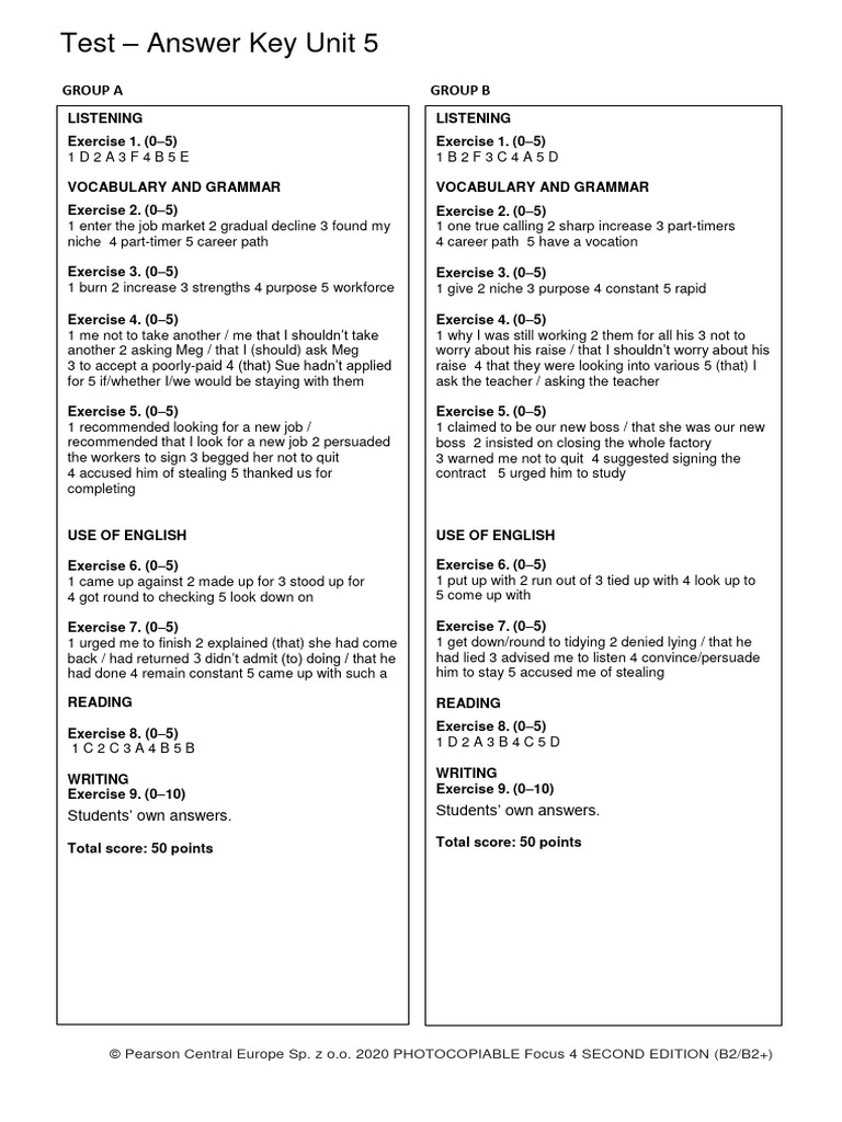 Focus 4 Unit 5 Test Answer Key | PDF
