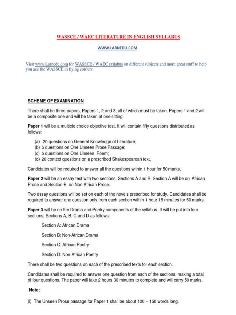 WASSCE WAEC Literature in English Syllabus | PDF