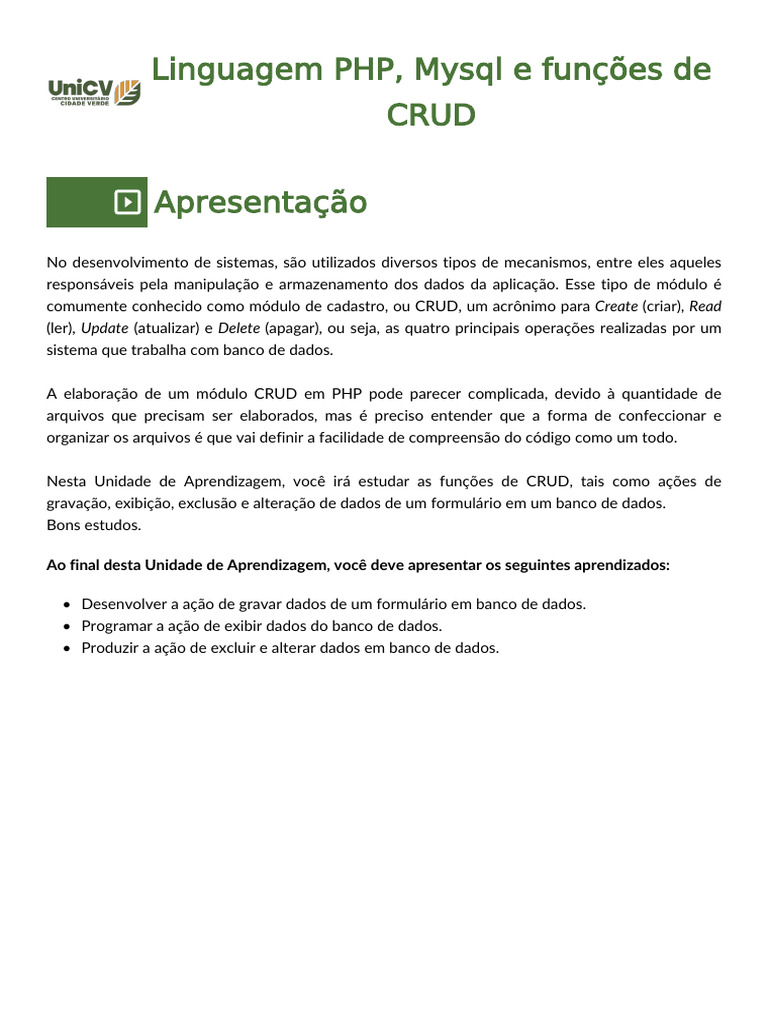 Linguagem PHP, Mysql e Funções de CRUD | PDF | Php | Bancos de dados