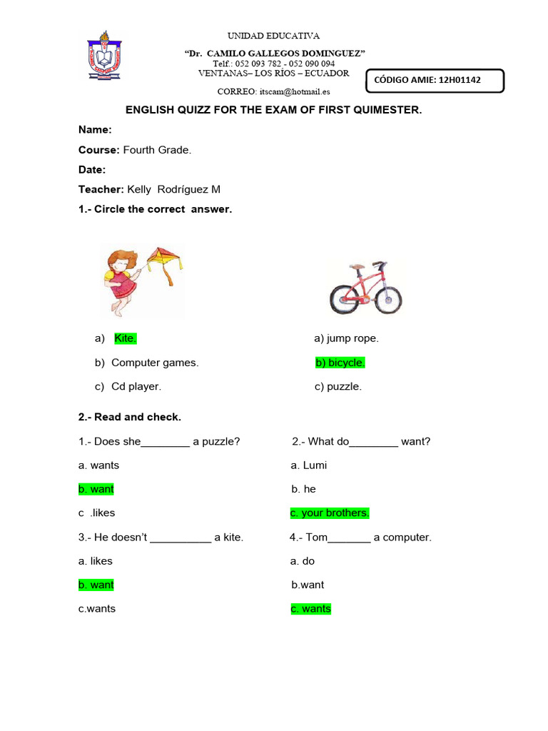 Fourth Grade English Quiz Exam | PDF