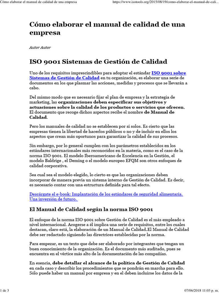 Cómo Elaborar El Manual de Calidad de Una Empresa | PDF | Calidad (comercial) | Sistema de ...