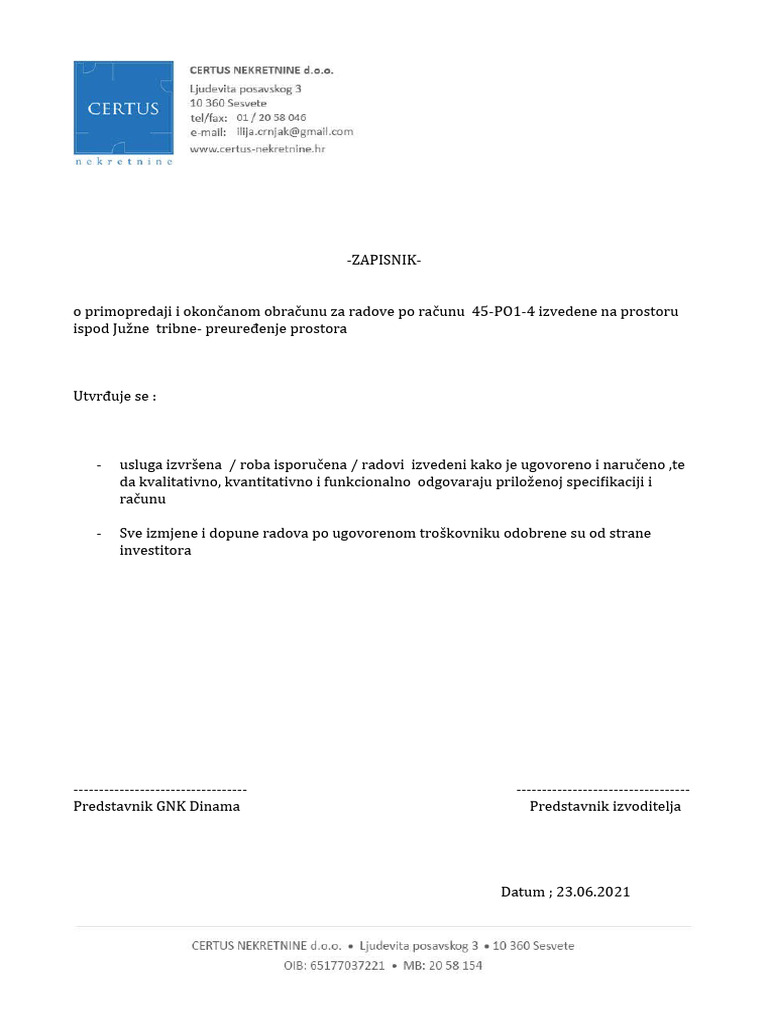 Memorandum Zapisnik o Primopredaji JUG 23.06.21 | PDF