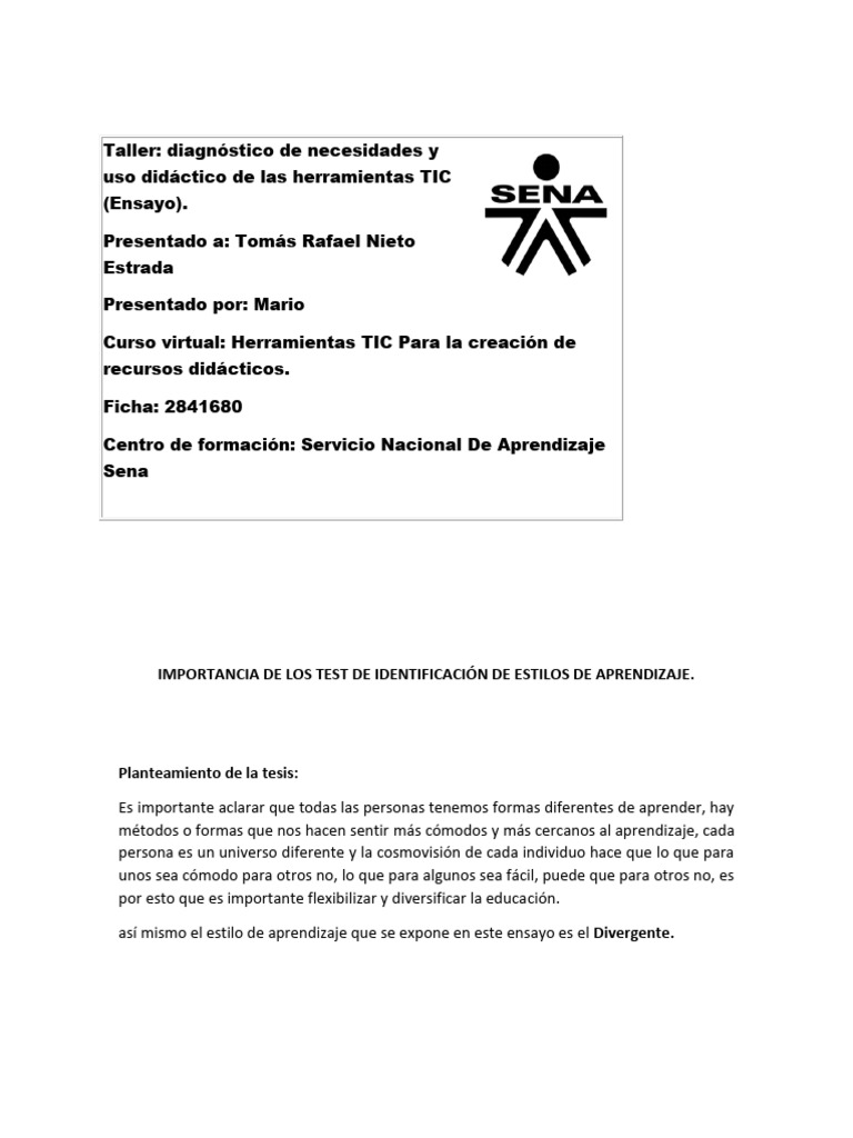 Taller AA3-EVO2 - Diagnostico de Necesidades y Uso Didáctico de Herramientas TIC | PDF ...