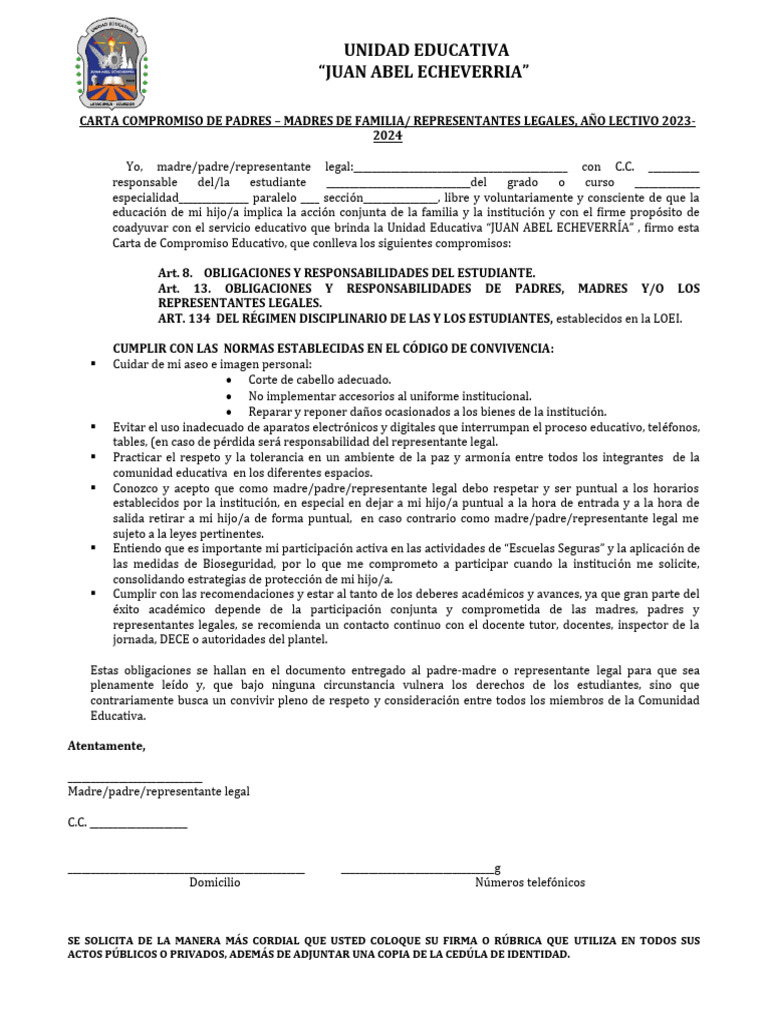 Carta Compromiso 2023 - 2024 Vespertina | PDF