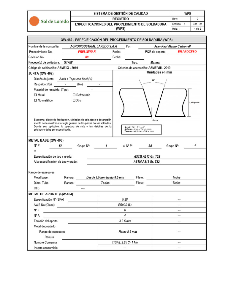 WPS - La-001-2021 - 6G - Asme Ix - Gtaw - Preliminar | PDF | Soldadura ...
