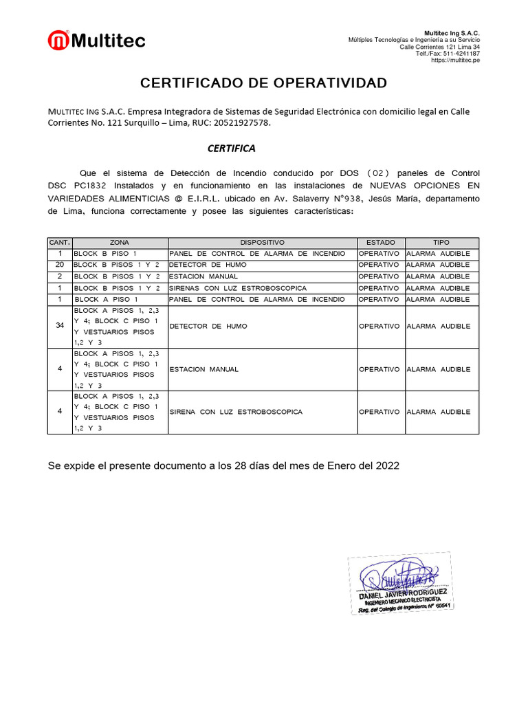 Certificado Operatividad Caci Enero | PDF | Instrumento de medición ...