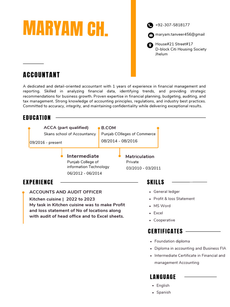 Black White Orange Clean Minimalist Accountant Resume | PDF ...