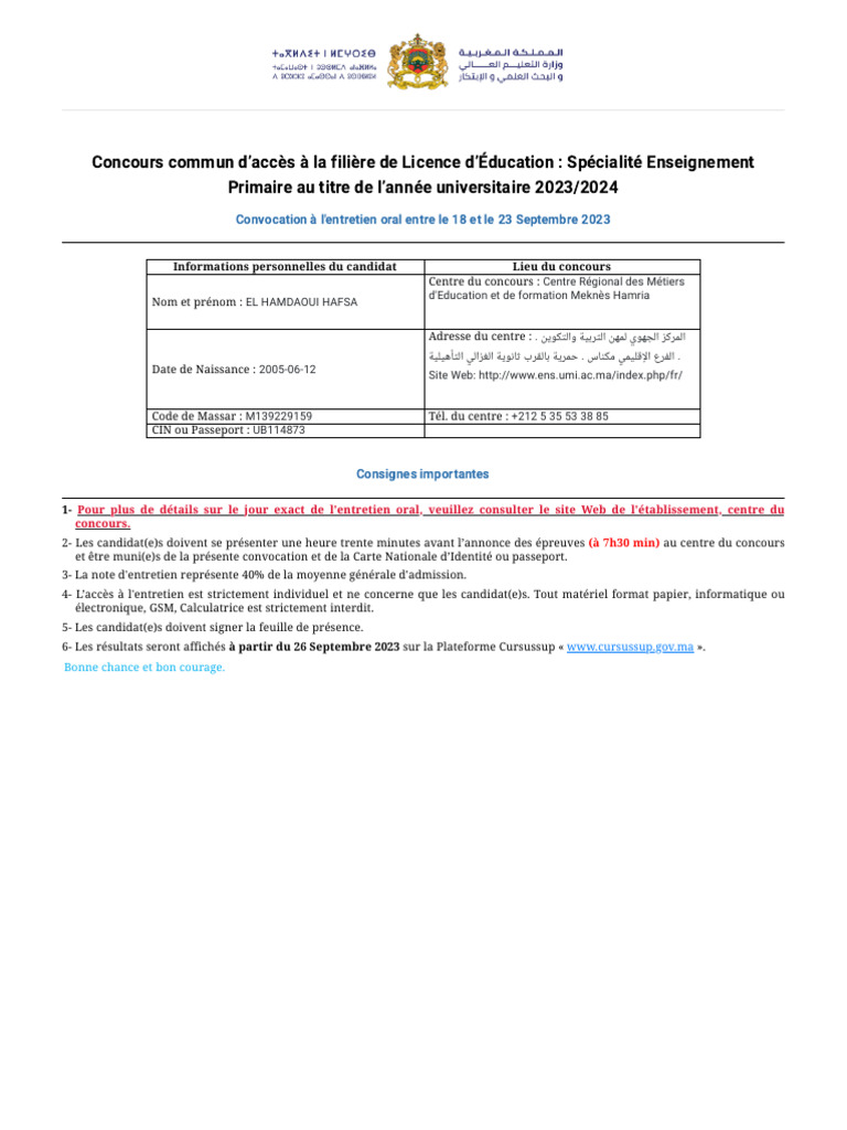 Convocation Concours Enseignement Primaire | PDF