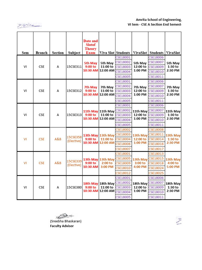 End-Sem Viva Schedule | PDF