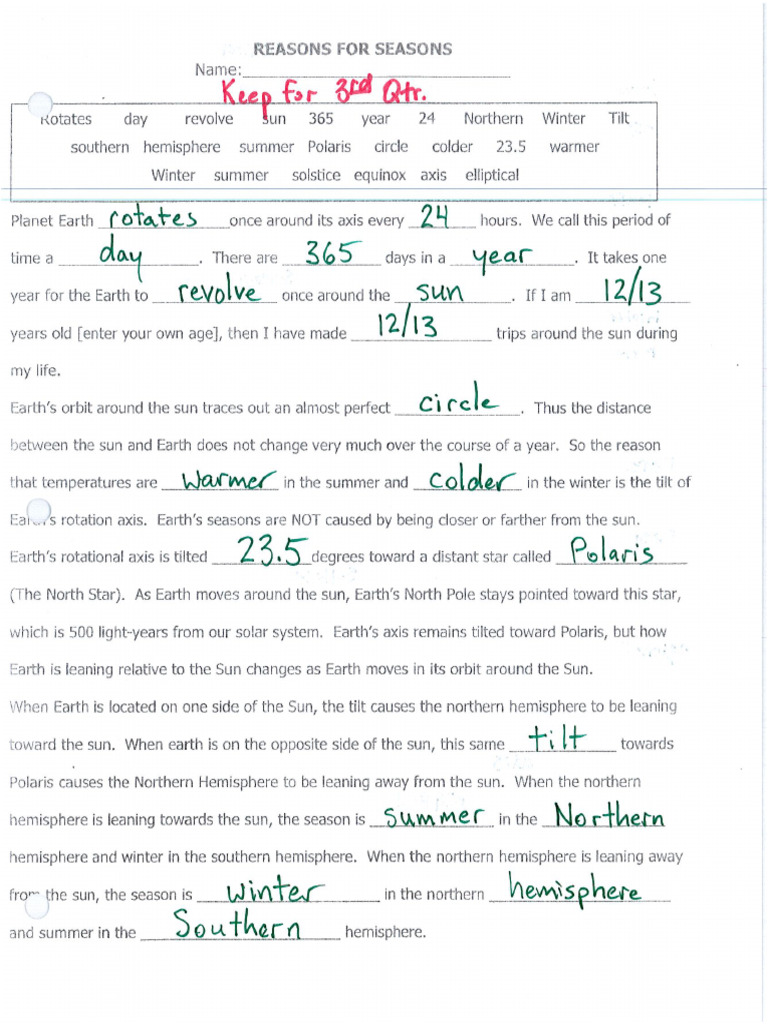 Reasons For Seasons Answer Key | PDF
