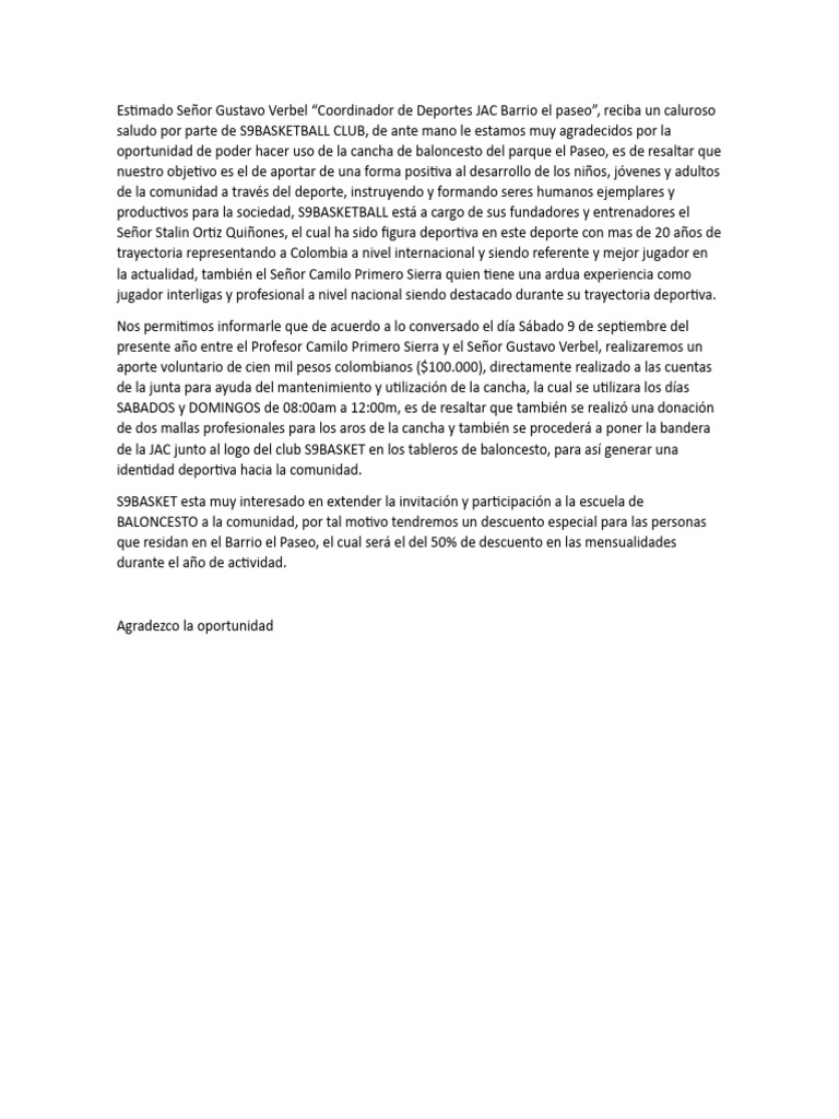 S9BASKET: Apoyo al Deporte Comunitario | PDF