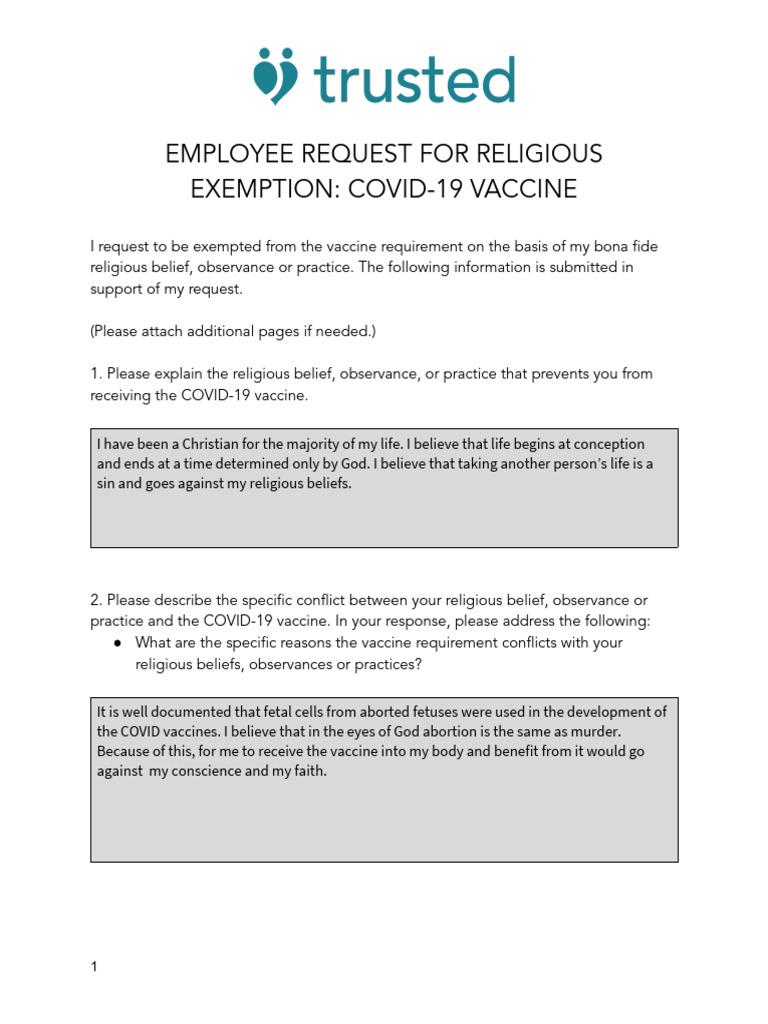 Trusted Health COVID-19 Religious Declination Form | Download Free PDF ...