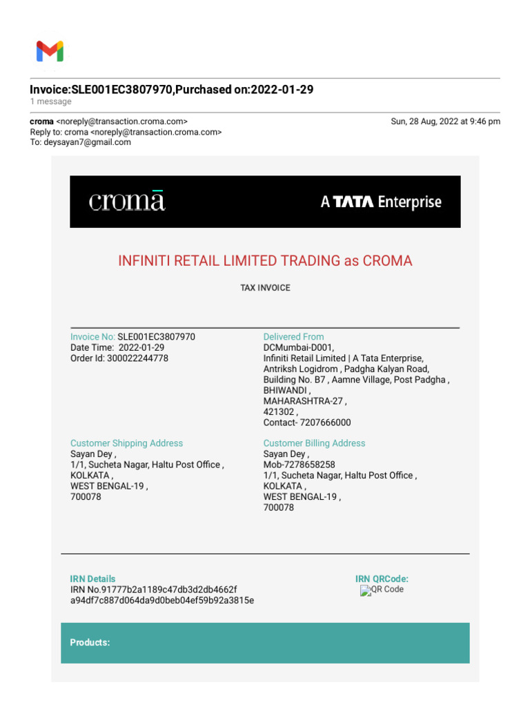 Gmail - Invoice - SLE001EC3807970, Purchased On - 2022-01-29 | PDF ...
