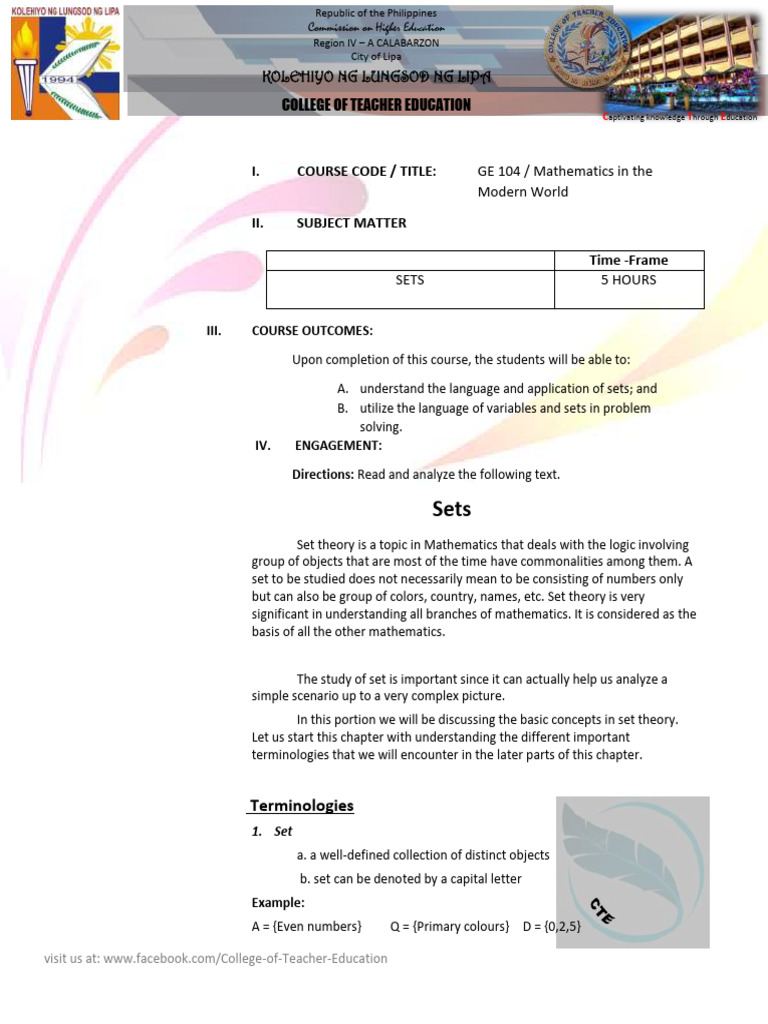 Module 1 Sets | PDF | Set (Mathematics) | Mathematical Logic