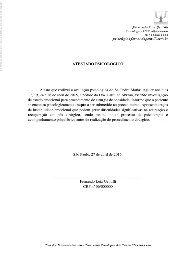 Modelo de Atestado Psicologico | PDF | Psicologia | Medicina Clínica