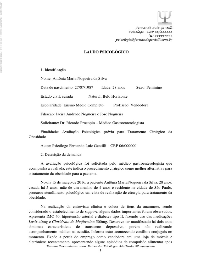 Modelo de Laudo Psicologico | PDF | Psicologia | Depressão Modelo de Laudo Psicologico | PDF | Psicologia | Depressão