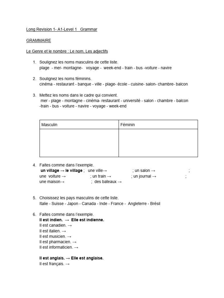 Exercices de Grammaire A1: Genre, Nombre et Conjugaison | PDF