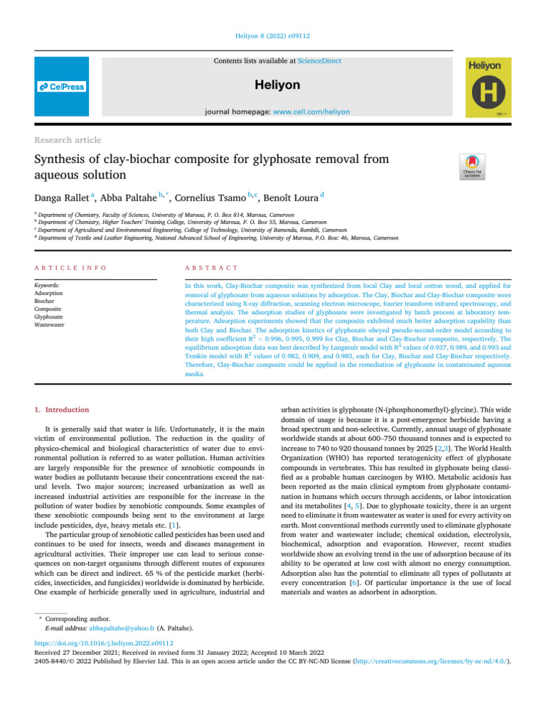 Glyphosate Removal Using Clay-Biochar Composite | PDF | Adsorption ...