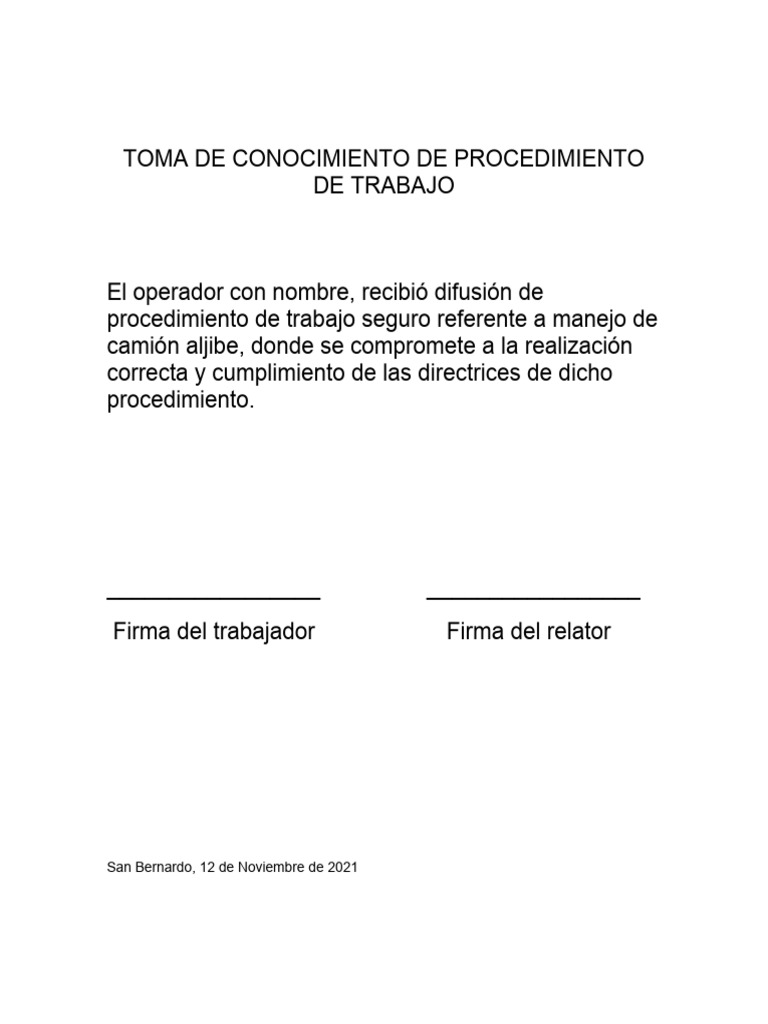 Toma de Conocimiento de Procedimiento de Trabajo | PDF