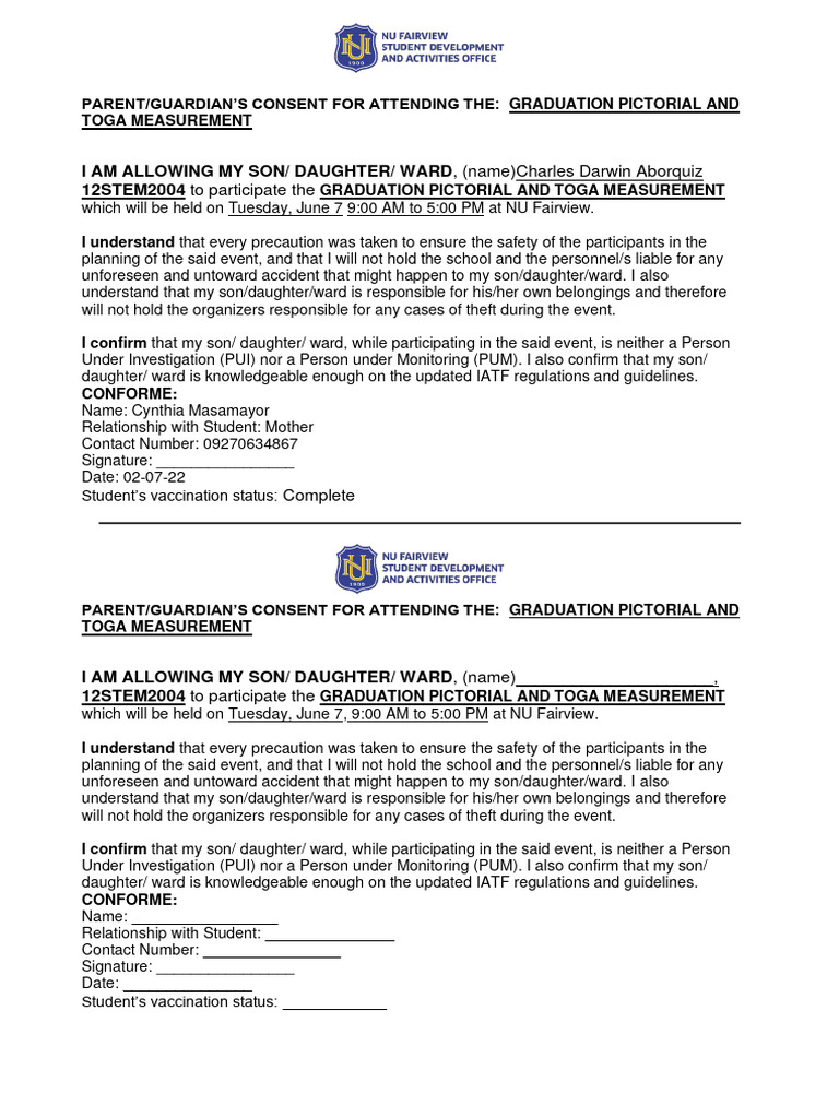 Waiver Grad Pic and Toga Measurement 12STEM2004 | PDF