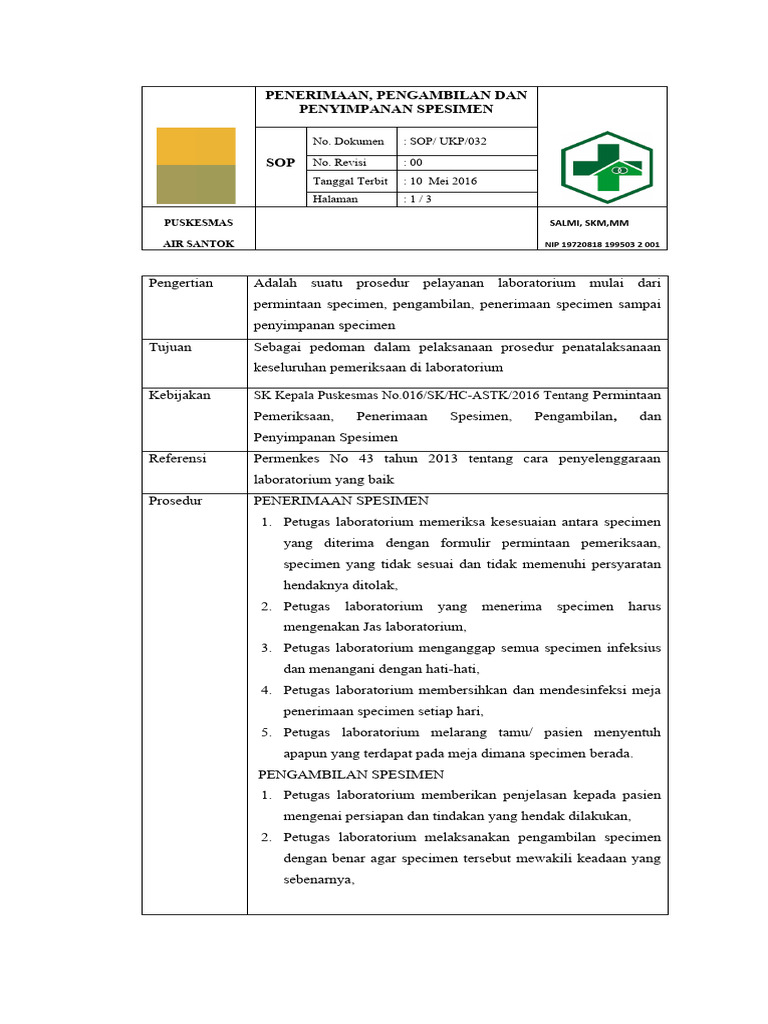 8.1.2 Ep 1 Sop Penerimaan, Pengambilan Dan Penyimpanan Sampel | PDF