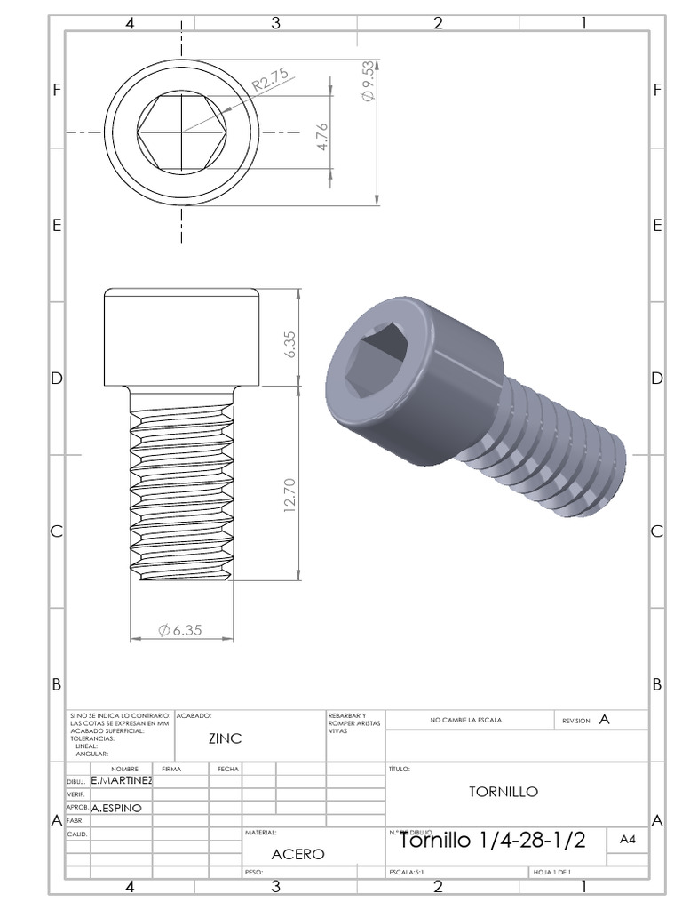Planos de Tornillo en SolidWorks PDF | PDF | Materiales | Ingeniería de ...