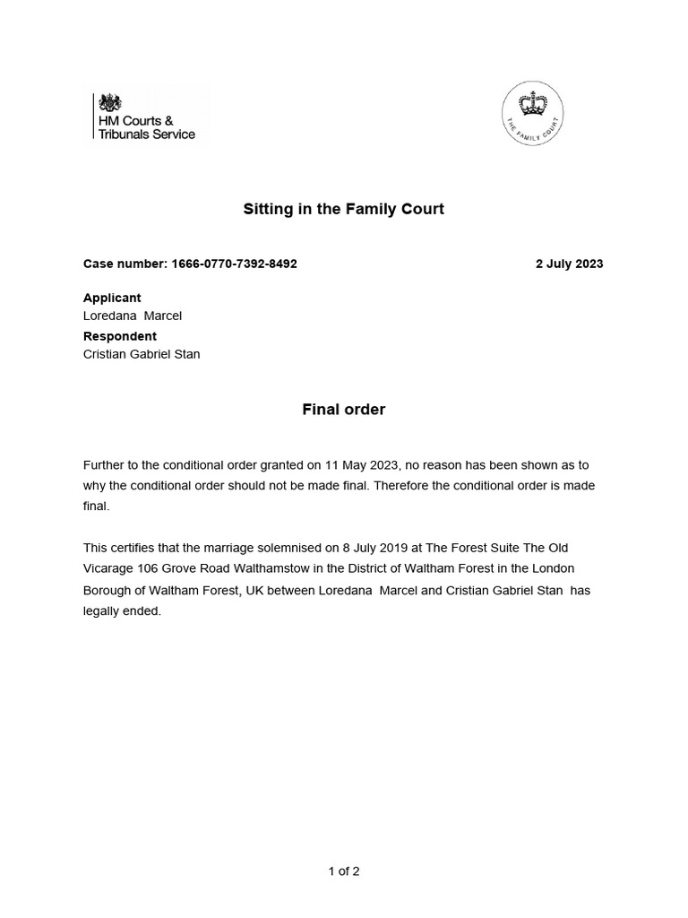 Final Divorce Order for Loredana Marcel | PDF | Law