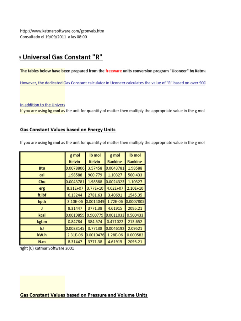 Constante de Los Gases - R - Valores en Varias Unidades | PDF ...