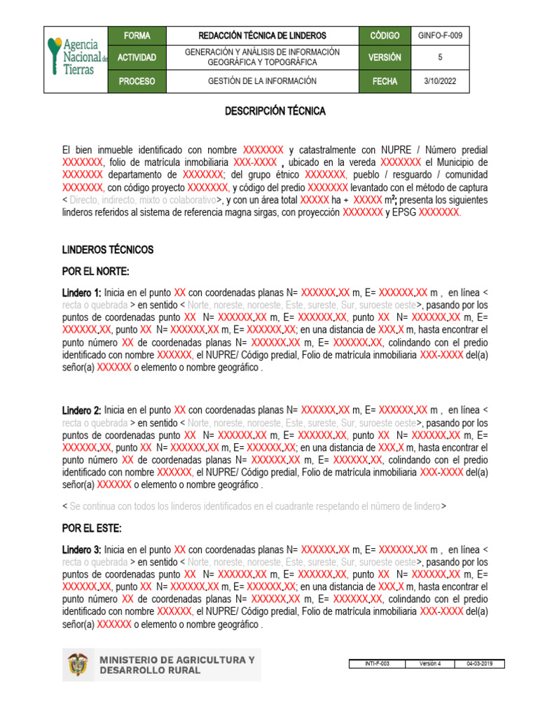 Ginfo-F-009 Redacción Técnica de Linderos v5 | PDF