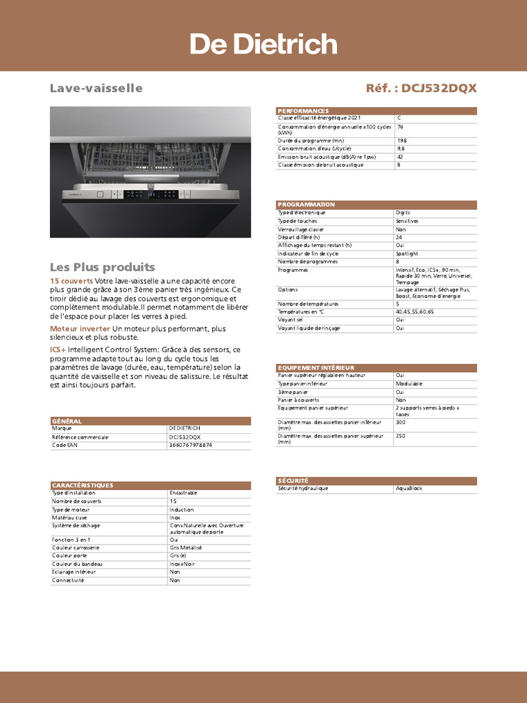 Product Technical Sheet | PDF | Lave-vaisselles